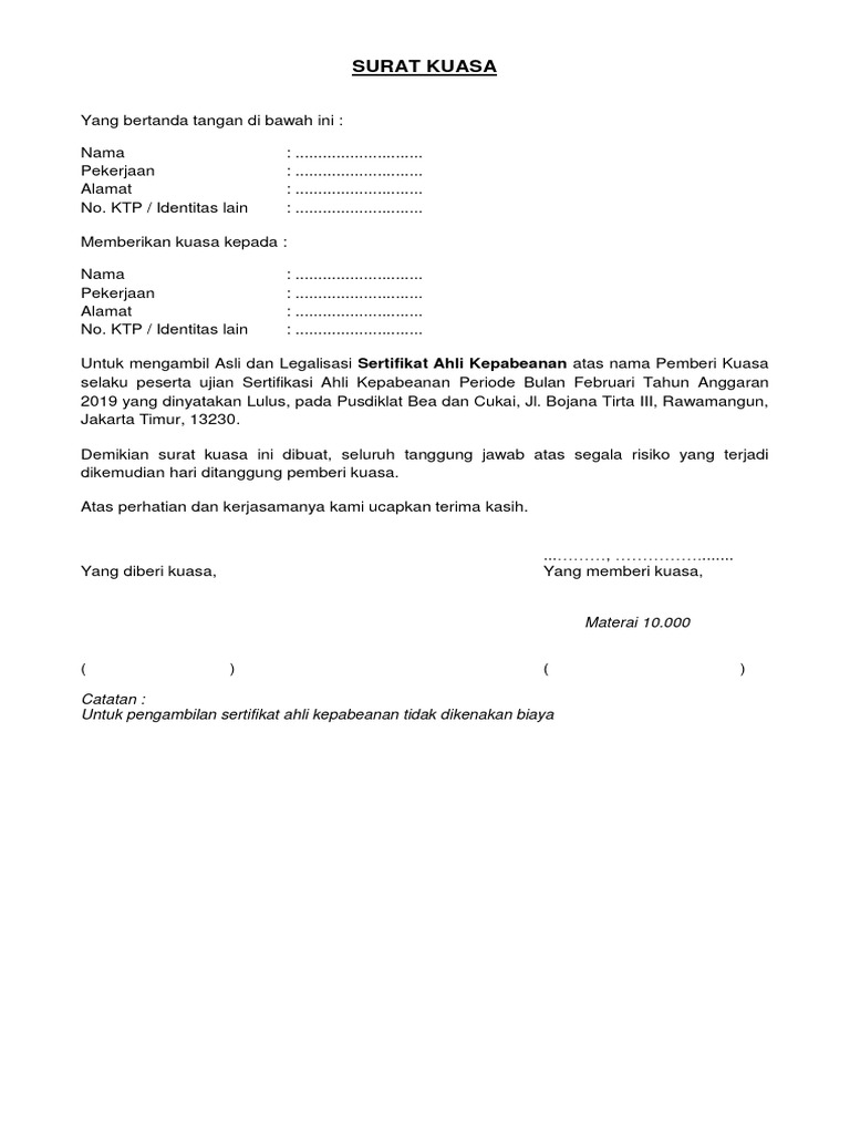 Contoh Surat Kuasa Pengambilan Asli Dan Legalisasi | PDF