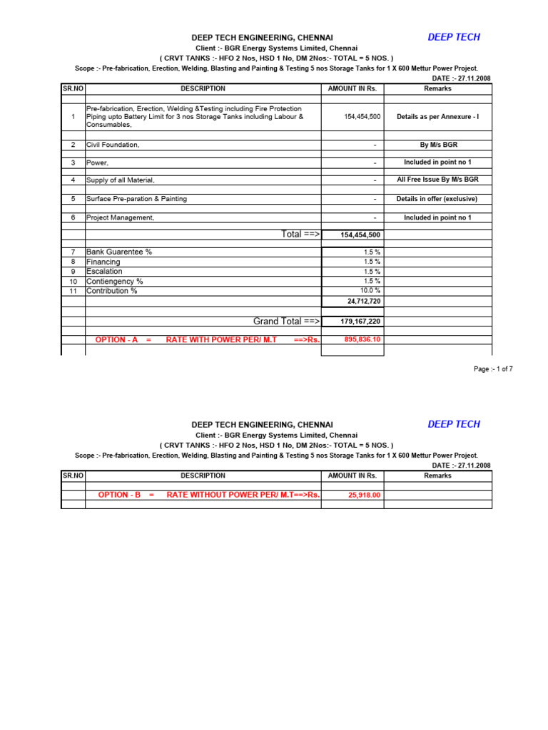 Offer - With Costing - BGR-CRVT Tanks-5 NOS | PDF | Manufactured Goods ...
