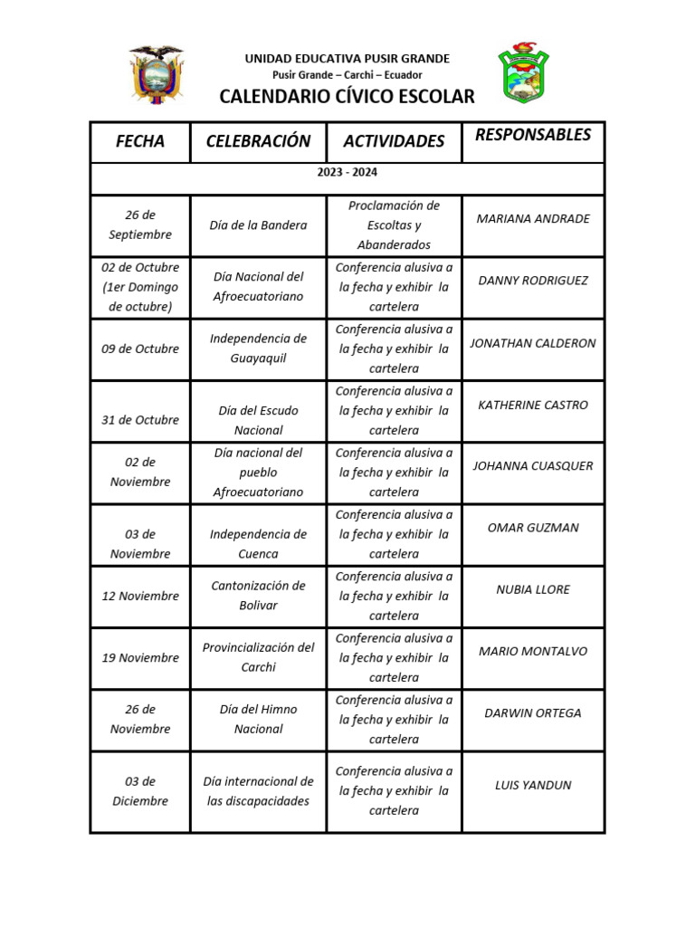 Calendario Cívico Escolar 2024-2025 | PDF | America latina | Ecuador