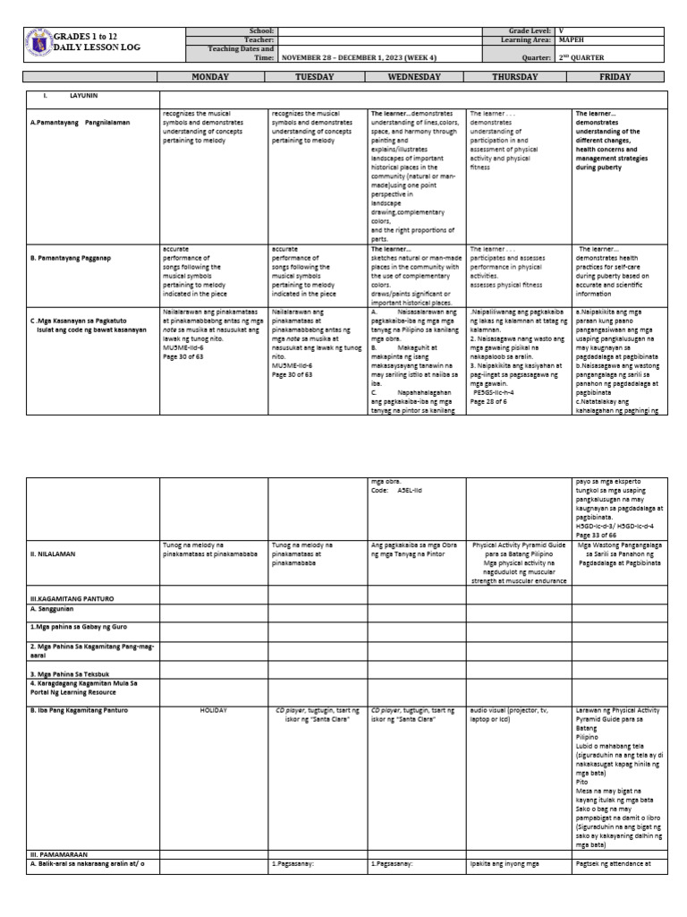 DLL - Mapeh 5 - Q2 - W4 | PDF | Learning | Cognitive Science