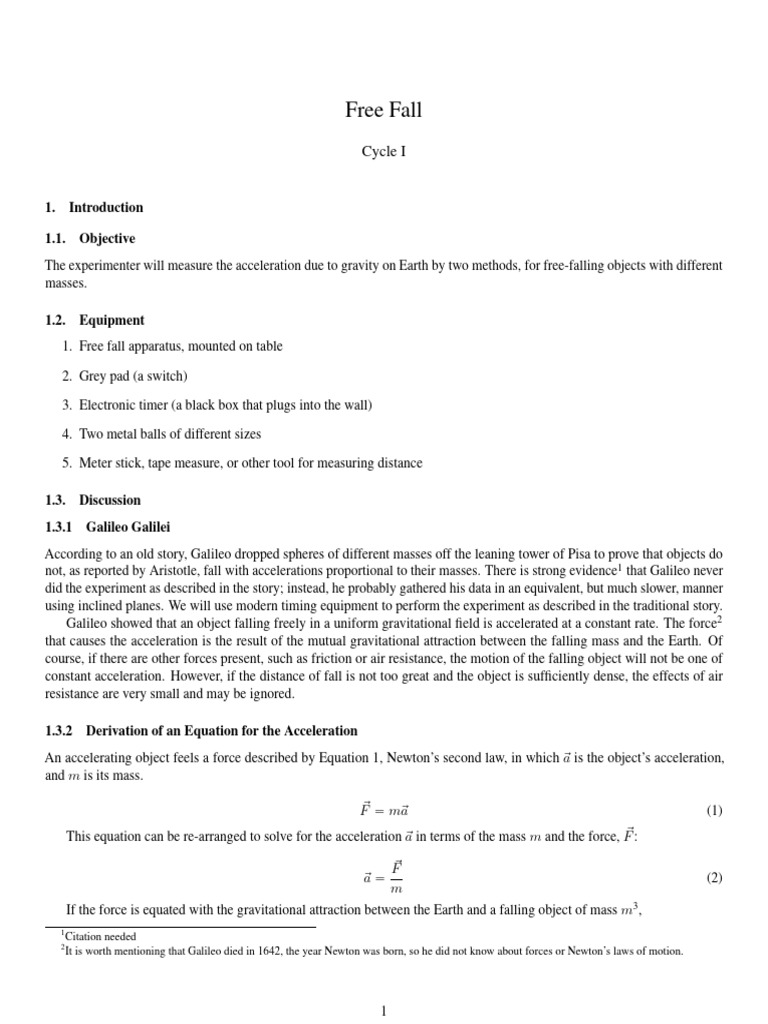 Freefall Summer2020 Pdf Force Gravity