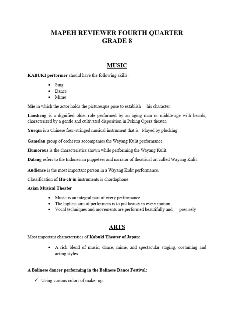 Mapeh Reviewer Fourth Quarter | PDF | Dances | Festival