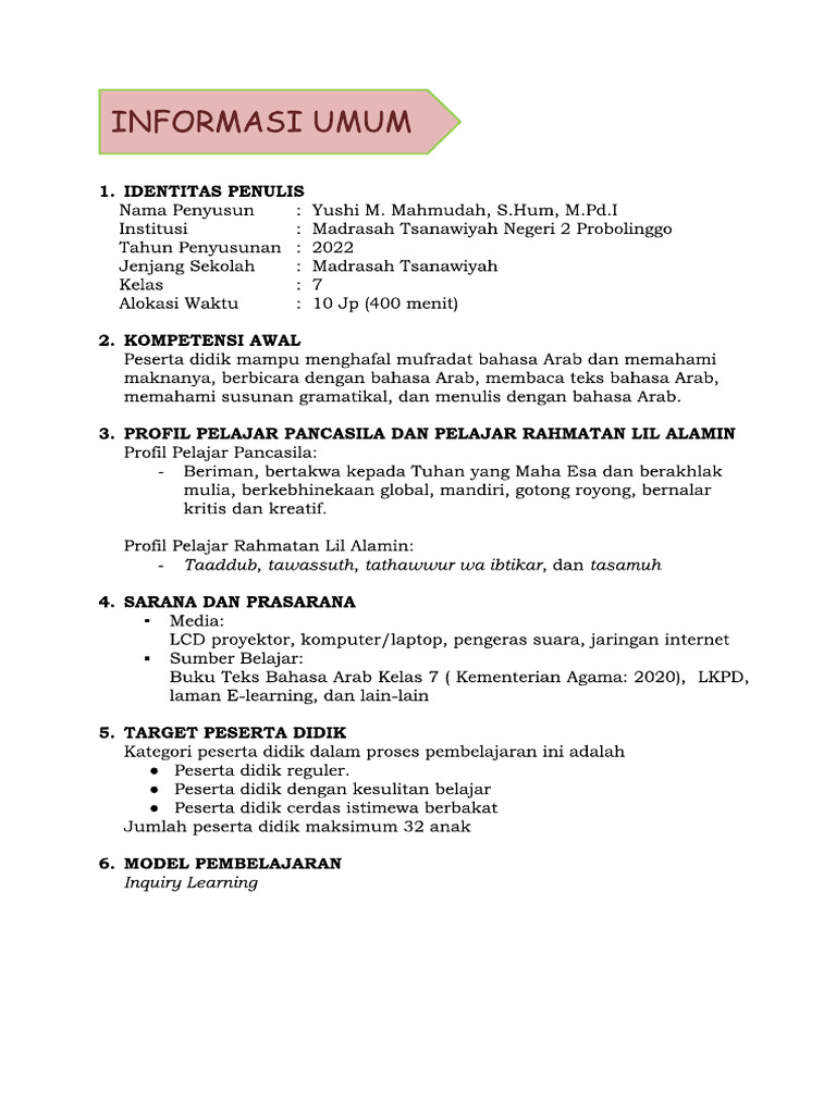 Contoh Modul Ajar Bahasa Arab MTs - MTs Arabic | PDF