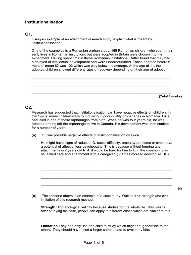 2021 A Level Psychology Exam Questions Institutionalisation | PDF ...