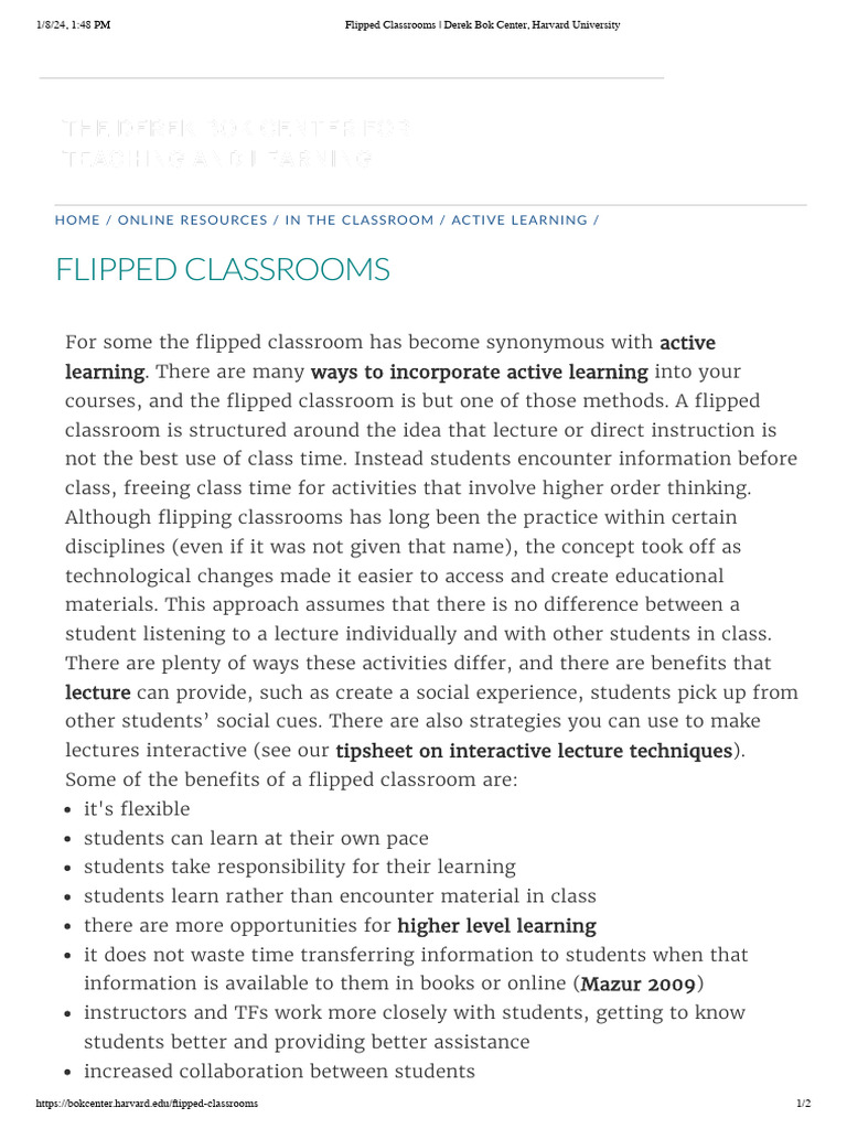 Flipped Classrooms - Derek Bok Center, Harvard University | PDF ...