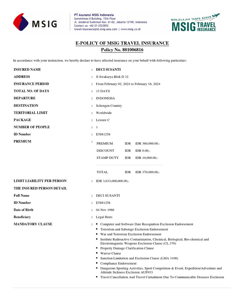 MSIG Travel Insurance E-Policy Details | PDF | Insurance | Indemnity
