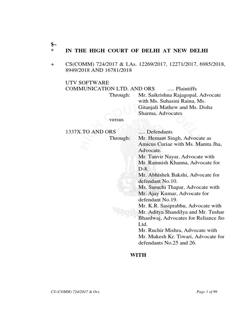 Utv Software Communication LTD and Others Versus 1337x To and Others ...