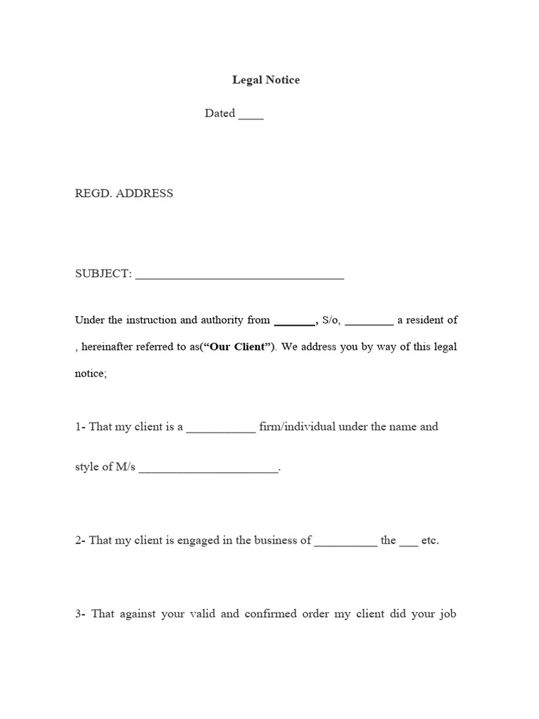 Legal Notice Drafting Format Sample | PDF | Payments | Common Law Legal Notice Drafting Format Sample | PDF | Payments | Common Law