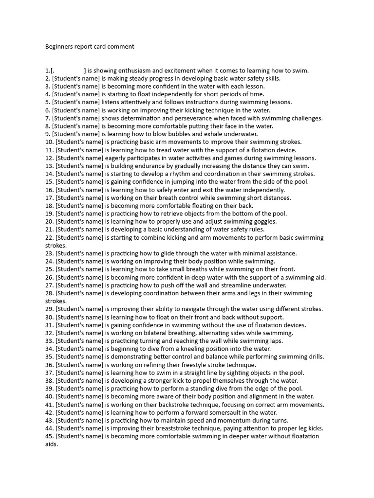 Beginners Report Card Comments | PDF | Swimming | Individual Sports