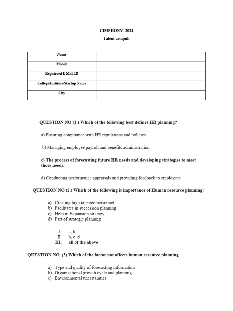 Talent Catapult Questions | Download Free PDF | Human Resource ...