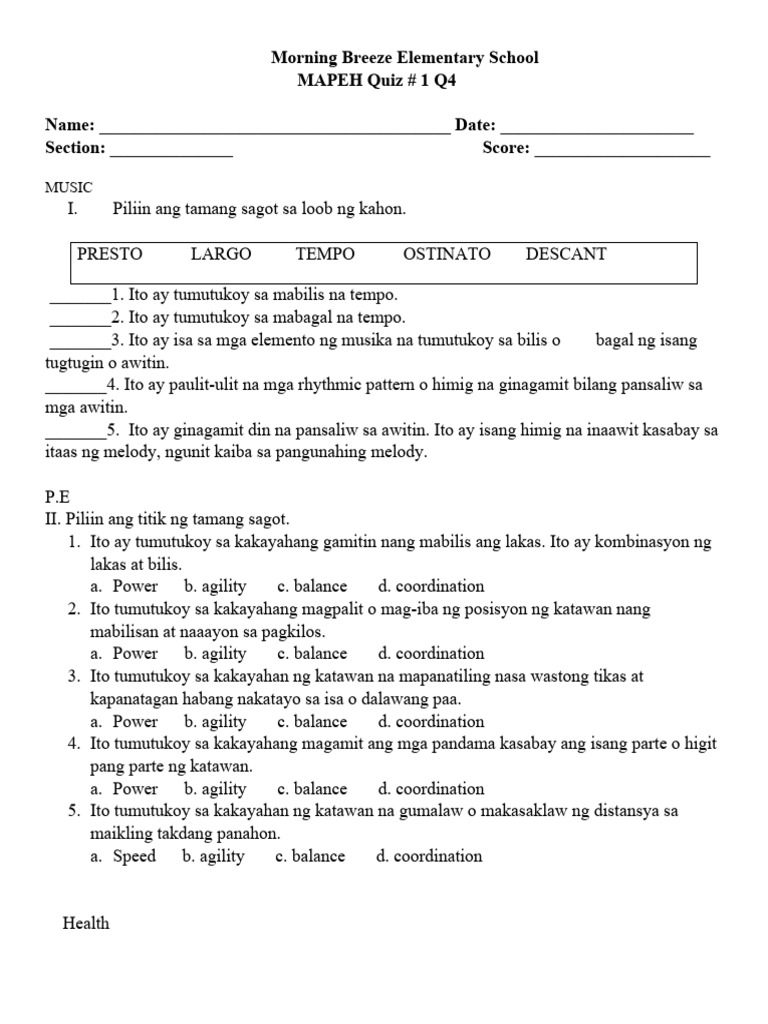 Mapeh Quiz 1 Q4 | PDF