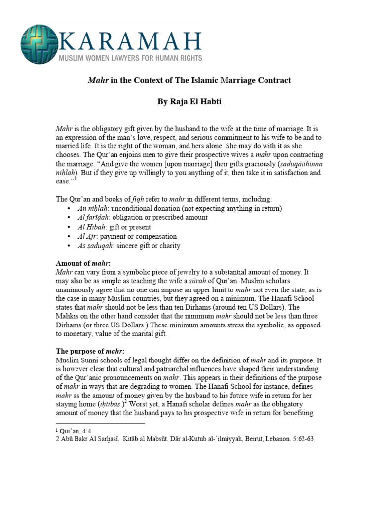 Mahr in the Context of the Islamic Marriage Contract | PDF | Marriage ...