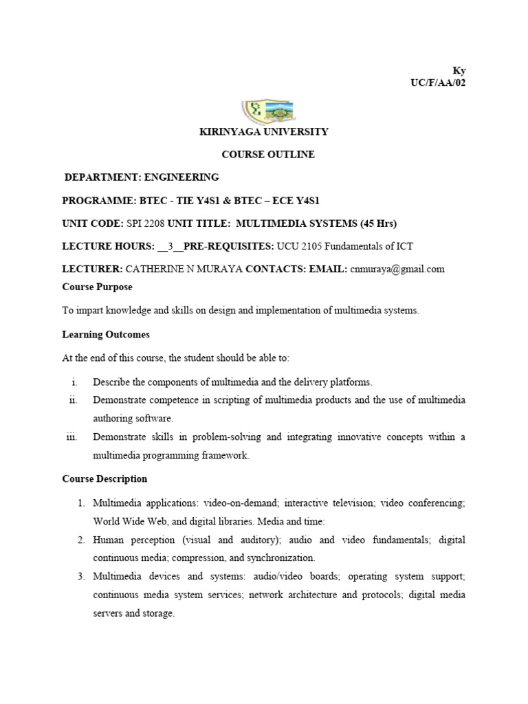 SPC 2208 MULTIMEDIA SYSTEMS Course Outline | PDF | Multimedia | Video