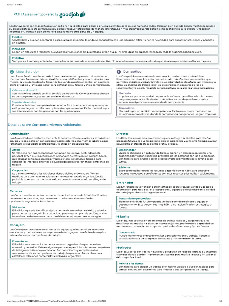 PATH Assessment® (Innovator es) Result - GoodJob | PDF | Informática
