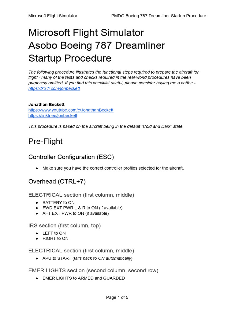 Asobo Boeing 787 Dreamliner Startup Procedure | PDF | Aviation | Aircraft