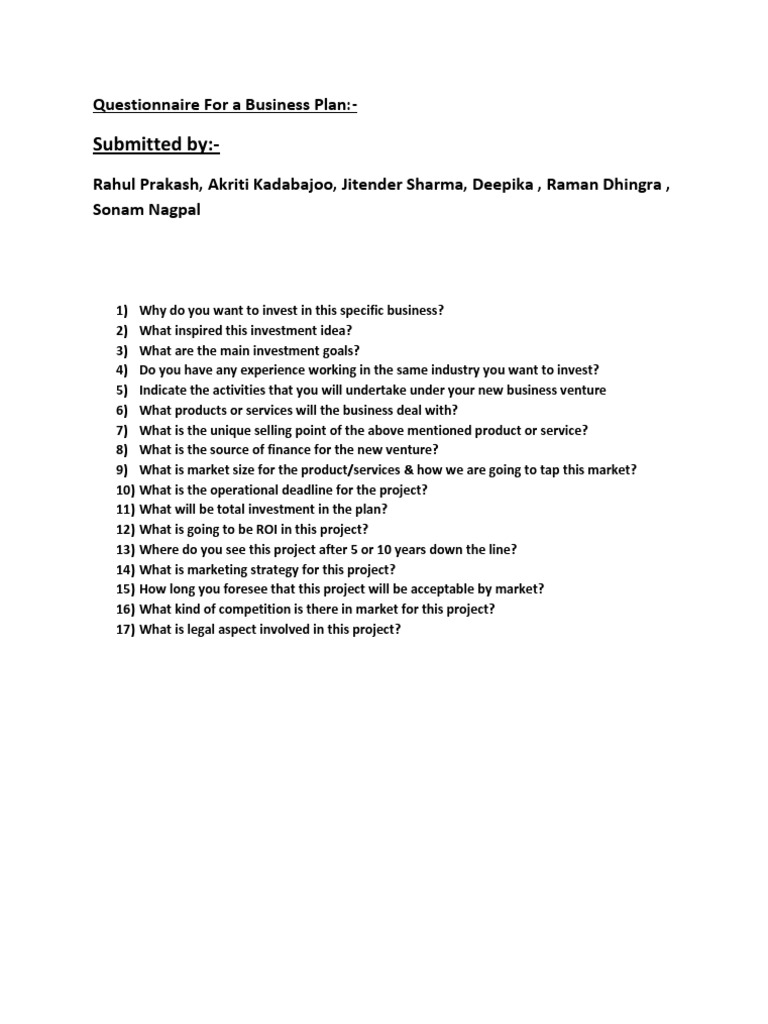 Questionnaire For A Business Plan | PDF