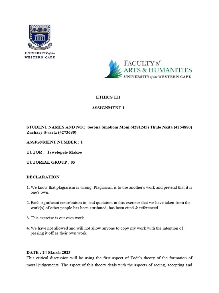 UWC Ethics 111 Plagiarism Declaration | PDF | Police | Racism