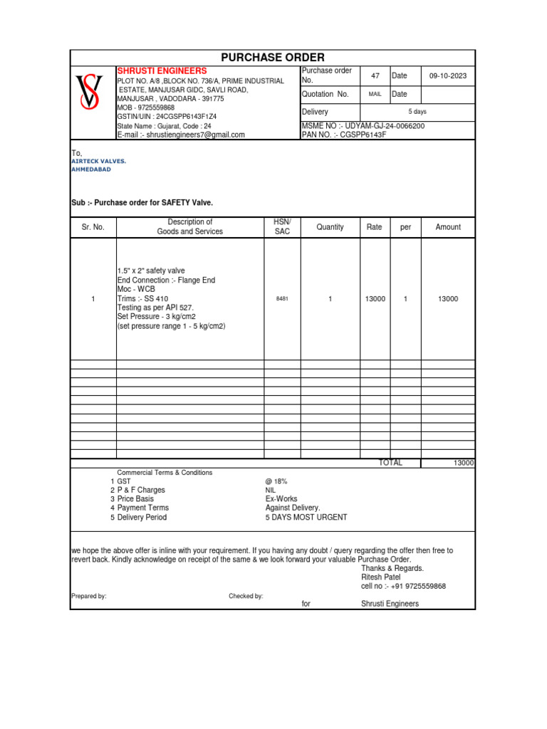 47 PURCHASE ORDER Airtech Valves - Safety Valve Order | PDF | Plumbing ...