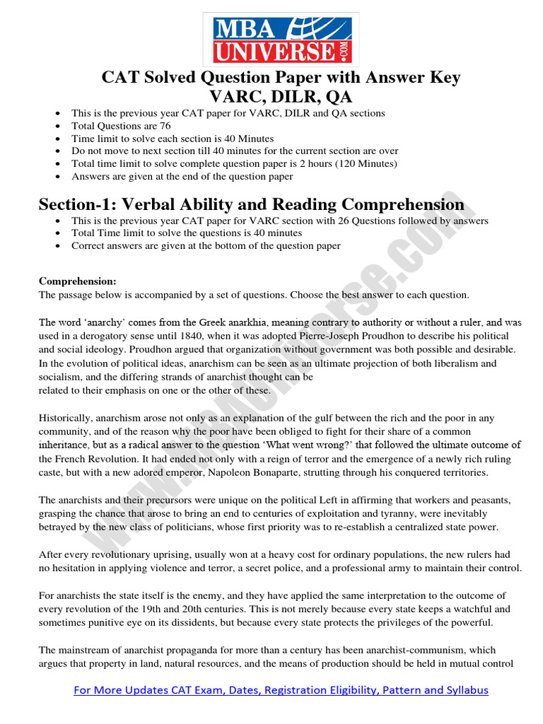 Cat Solved Question Paper With Answer Key Varc Dilr Quant | PDF | Anarchism | Cash