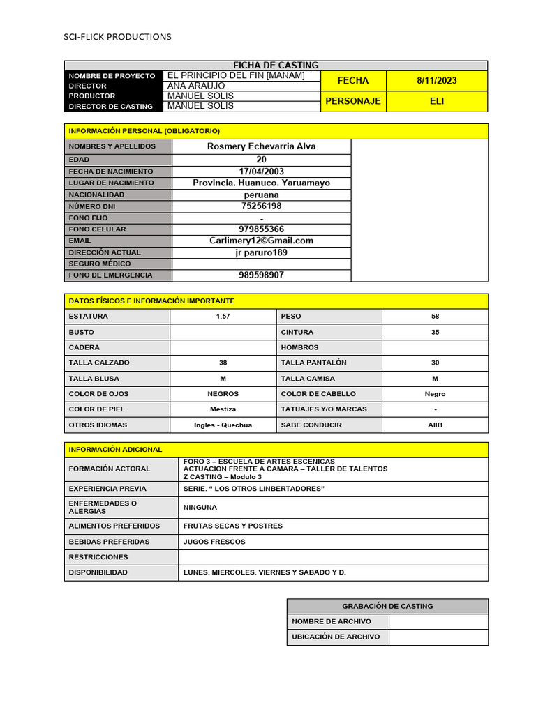 Ficha Casting - Eli | PDF