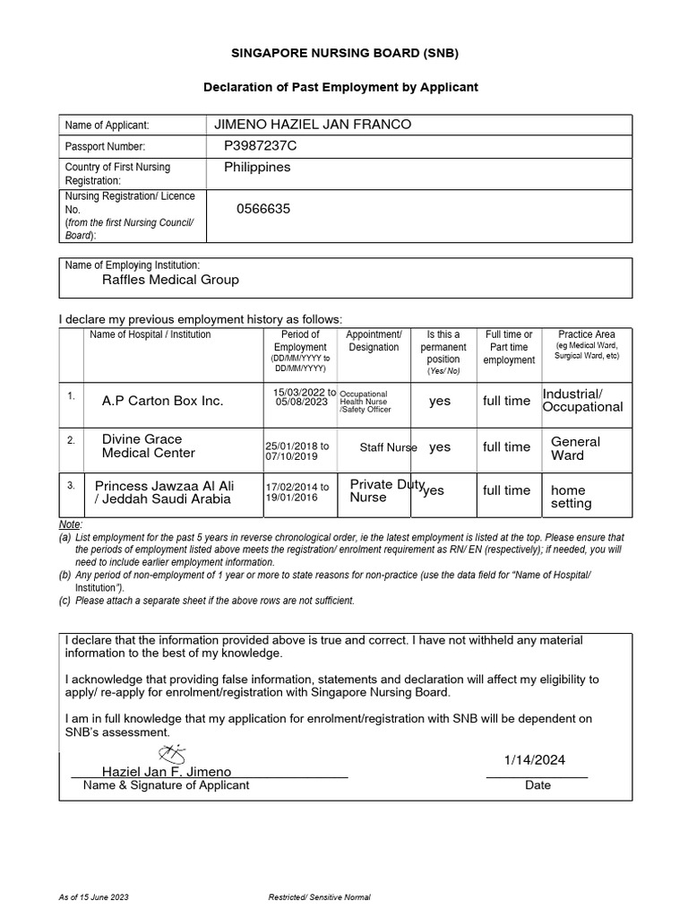 Declaration of Past Employment JIMENO | PDF | Nursing | Public Services