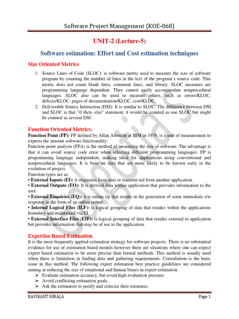 Software Estimation: Effort and Cost Estimation Techniques: Software Project Management (KOE-068 ...