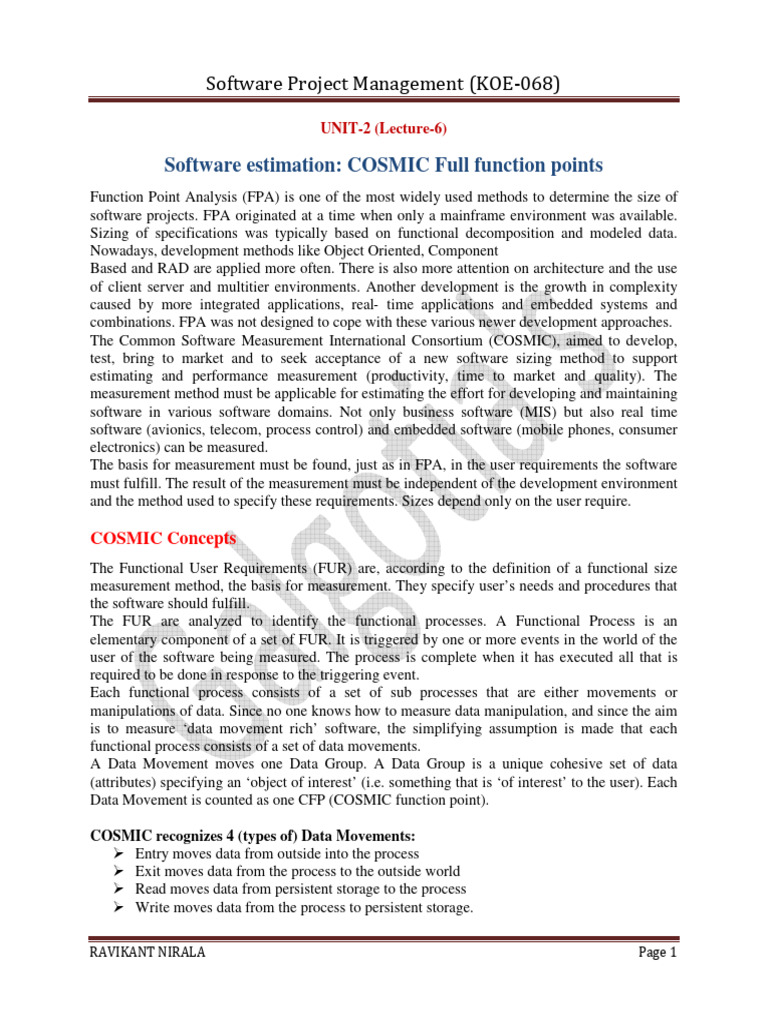 Software Estimation: COSMIC Full Function Points: Software Project Management (KOE-068) | PDF