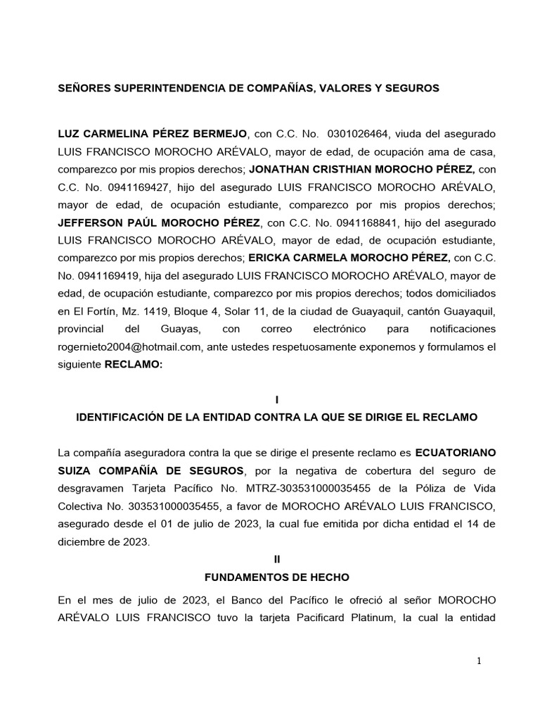 Reclamo Jonathan Morocho | PDF | Póliza de seguros | Seguro