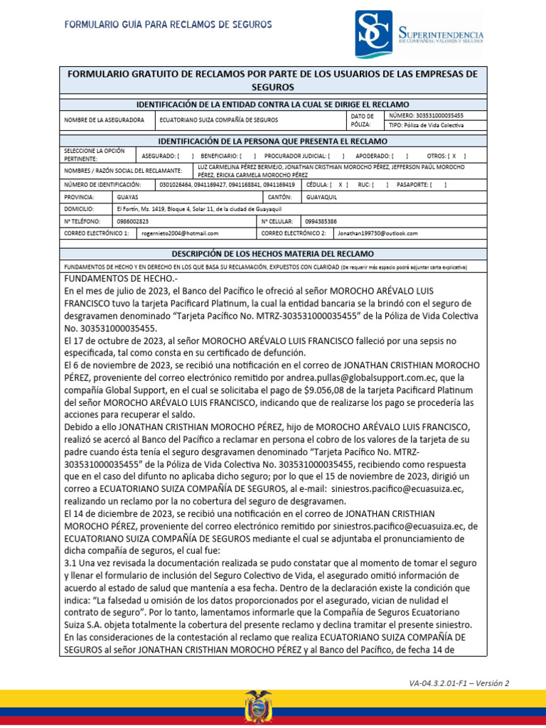 Formulario de Reclamo Jonathan Morocho | PDF | Póliza de seguros | Seguro