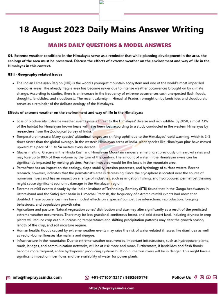 18 August 2023 Daily Mains Answer Writing | PDF | Himalayas | Extreme Weather