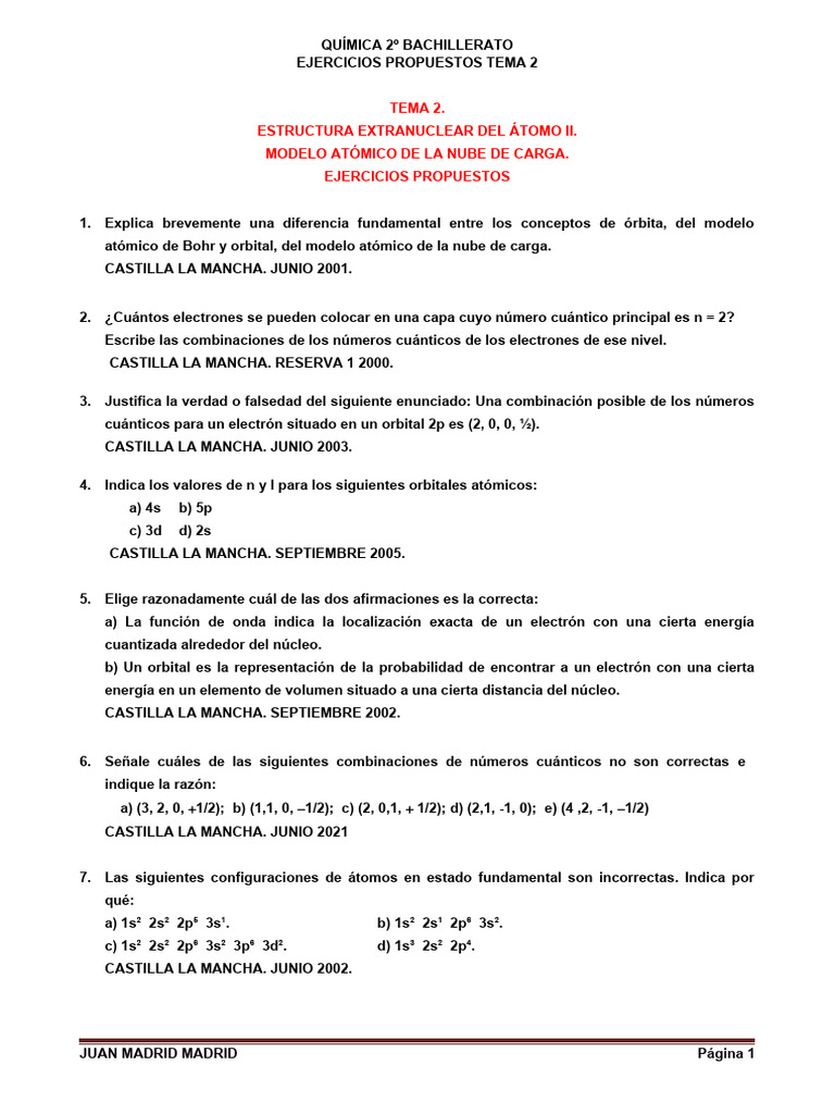 Tema 2. Ejercicios Propuestos | PDF | Orbital atómico | Átomos
