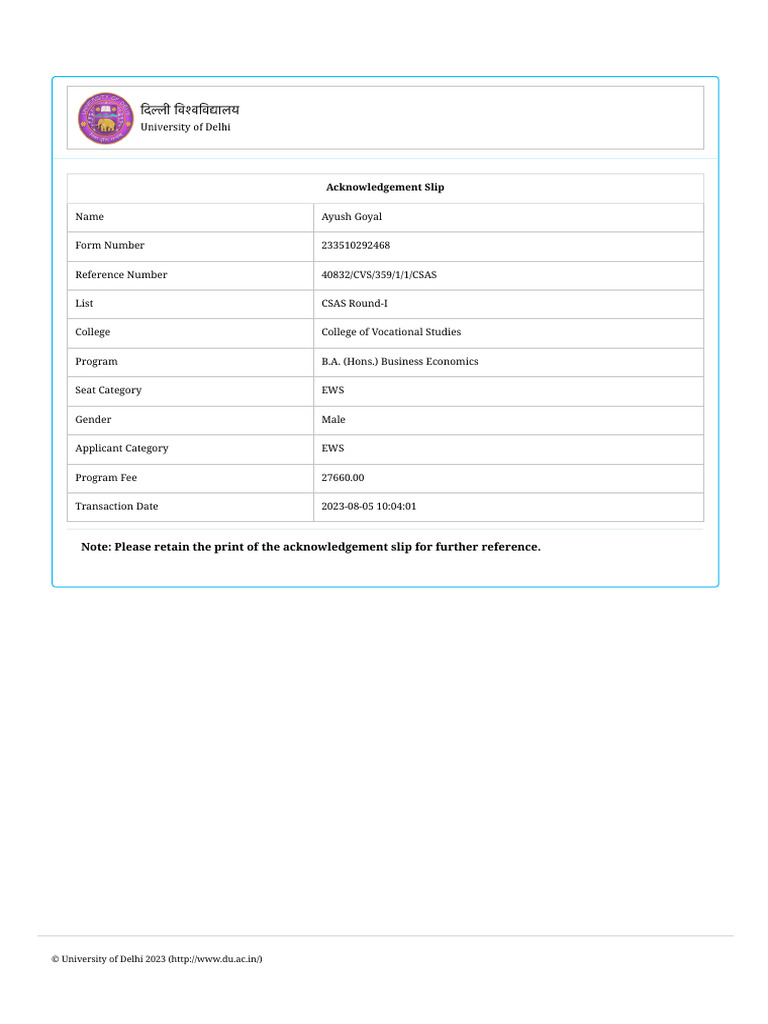 University of Delhi Ayush Acknowledgement Slip | PDF