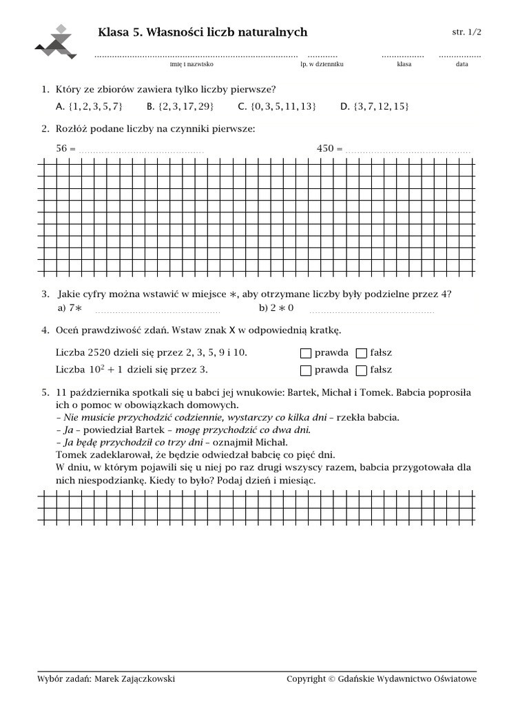 Karta Pracy - Własności Liczb Naturalnych | PDF