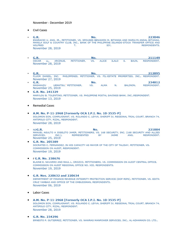 Philippine Supreme Court Cases Nov-Dec 2019 | PDF | Judiciaries ...