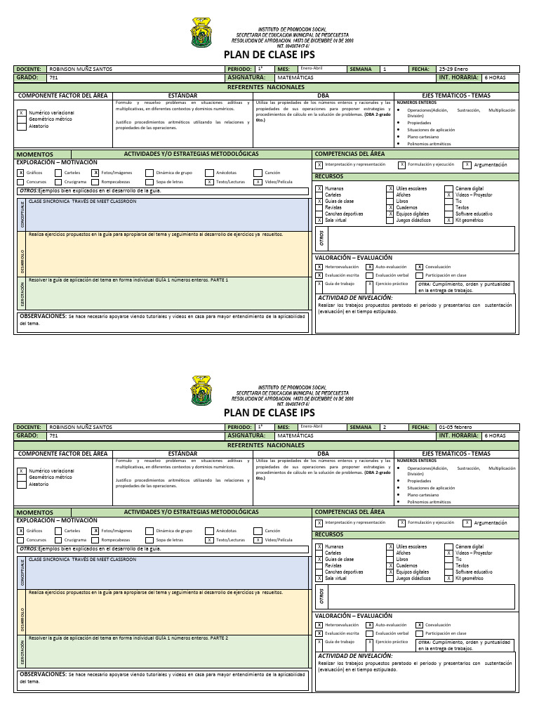 Plan De Clase Matematicas 7º1 Primer Periodo 2021 Pdf Número