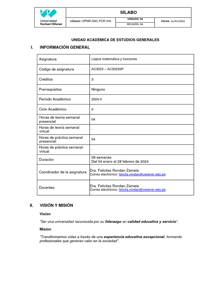 Sílabo 2024 0 Lógica Matemática y Funciones | PDF | Ecuaciones | Proposición