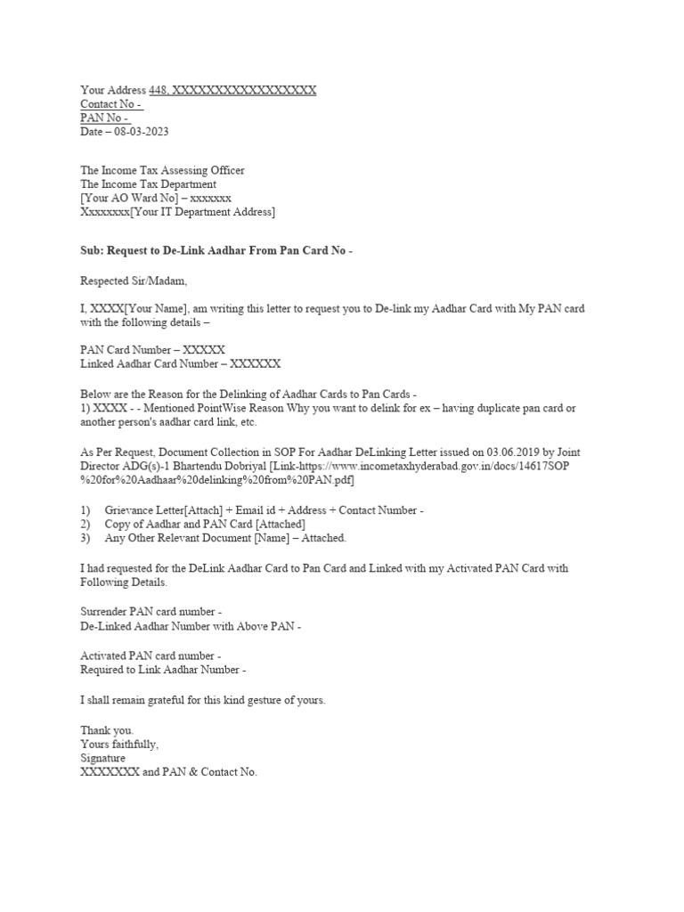 Request Letter For Delinking PAN Aadhar | PDF