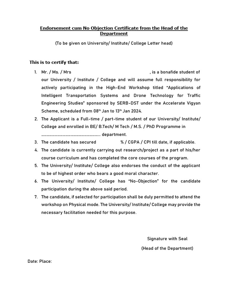 Endorsement Cum No Objection Certificate - Student Applicant - Final | PDF