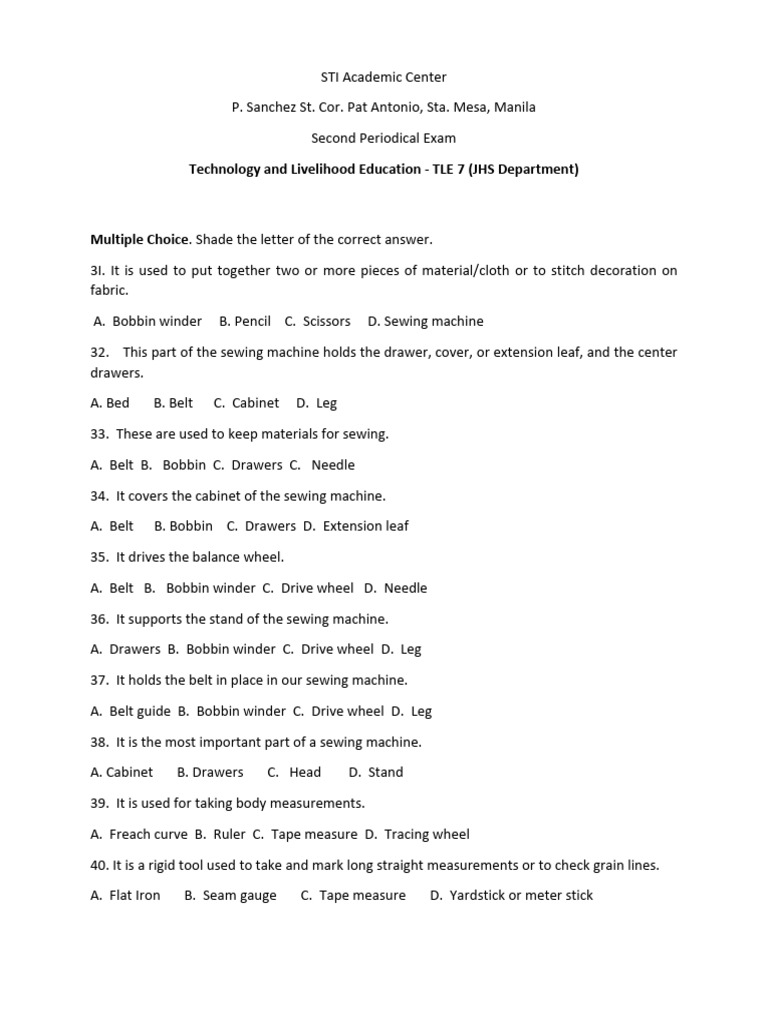 TLE 7 Second Periodical Exam. 2023-2024 | PDF | Sewing | Sewing Machine