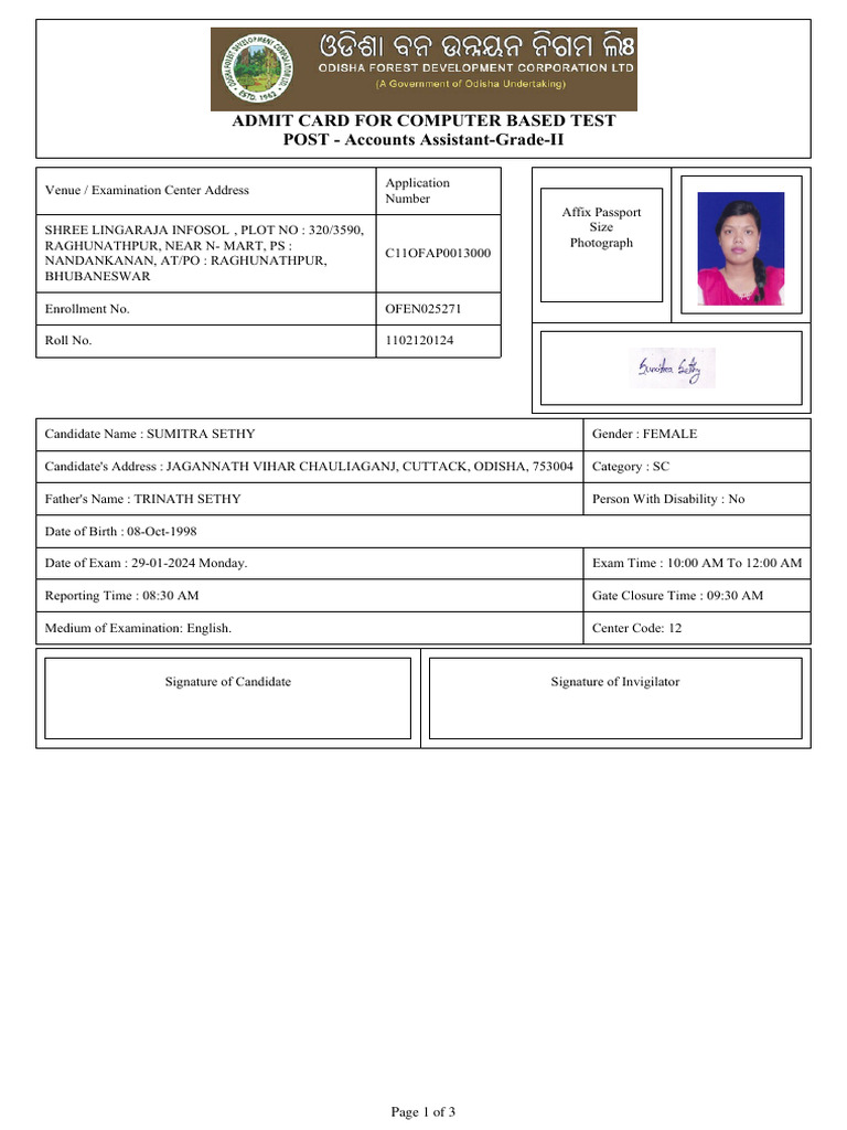 Admit Card for Accounts Assistant Exam | PDF