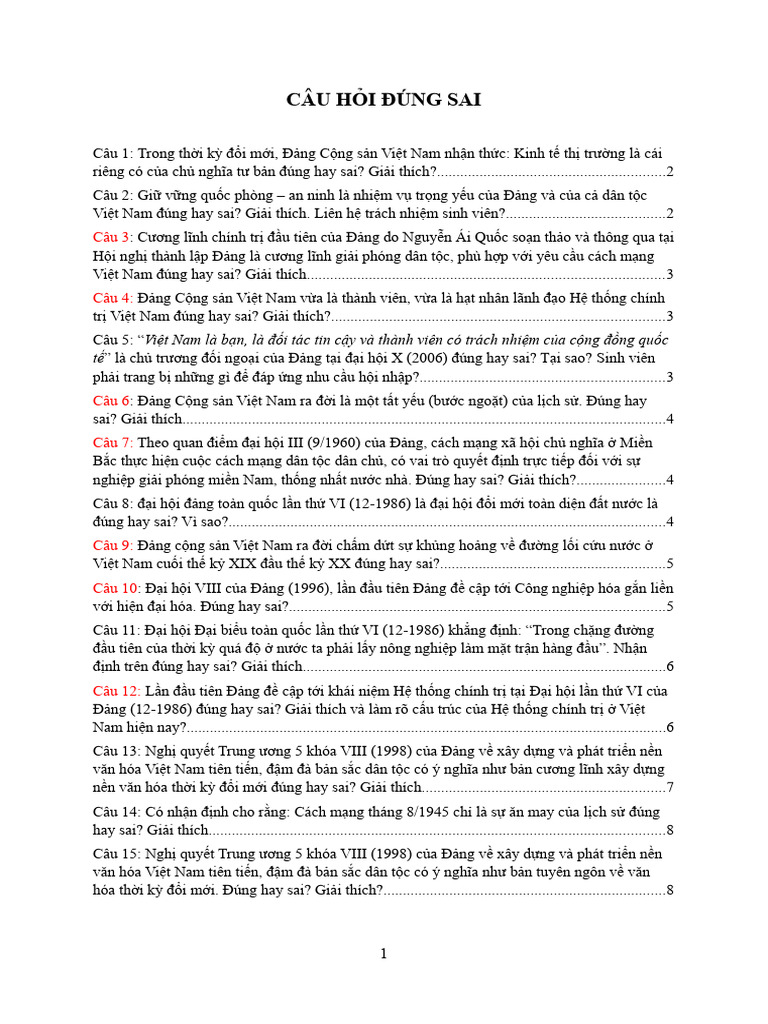 CÂU HỎI ĐÚNG SAI LSD | PDF