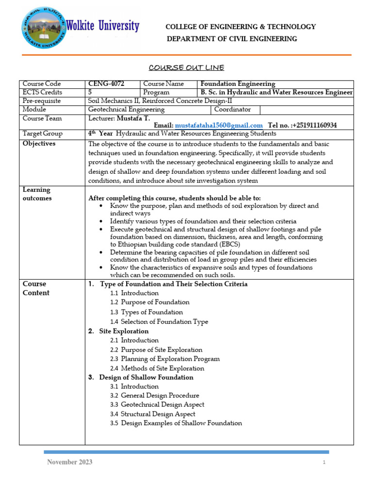 Ceng-4072 - Course Out Line | PDF | Foundation (Engineering) | Geotechnical Engineering