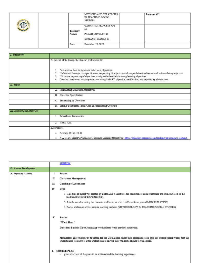 GR.12 Lesson Plan Mam Dizon | PDF | Learning | Idea