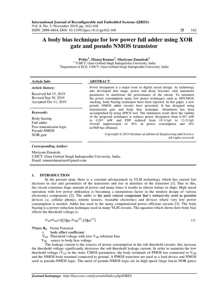 A Body Bias Technique For Low Power Full Adder Usi | PDF | Mosfet | Cmos