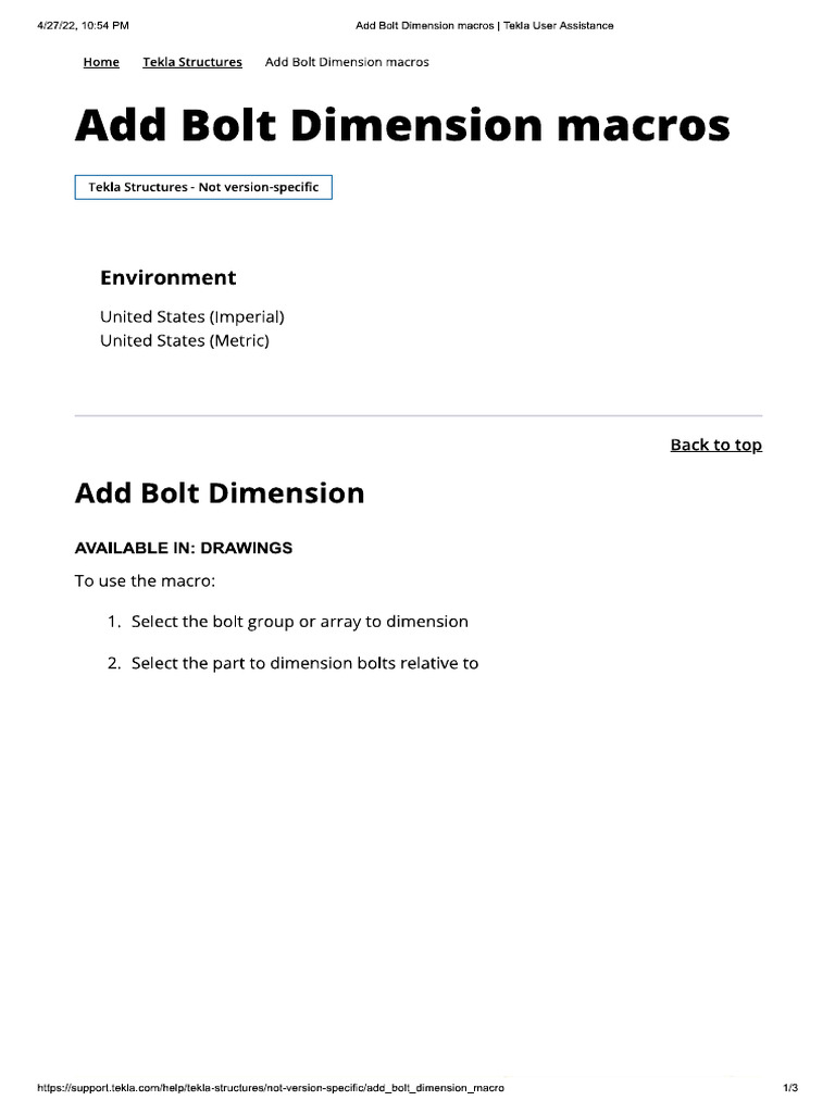 Add Bolt Dimension Macros - Tekla User Assistance | PDF