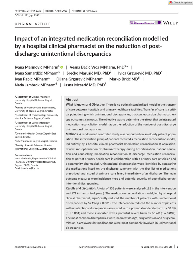 Impact of an integrated medication reconciliation model | PDF | Pharmacy | Patient