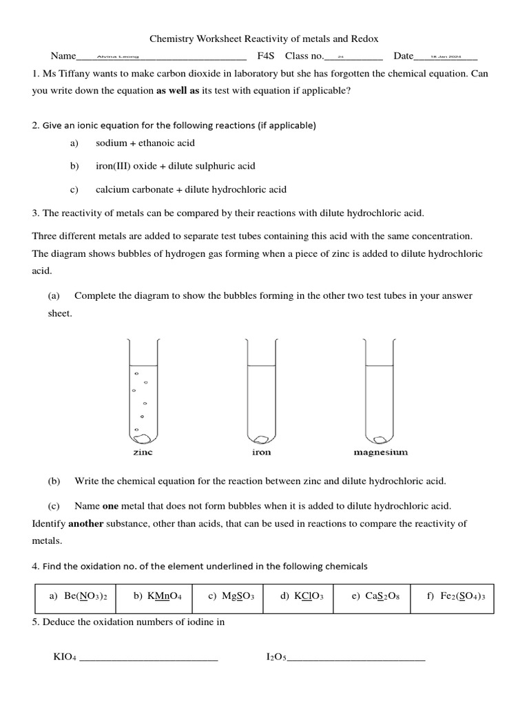 Chemistry Worksheet Redox and Reactivity of Metals | PDF | Redox ...