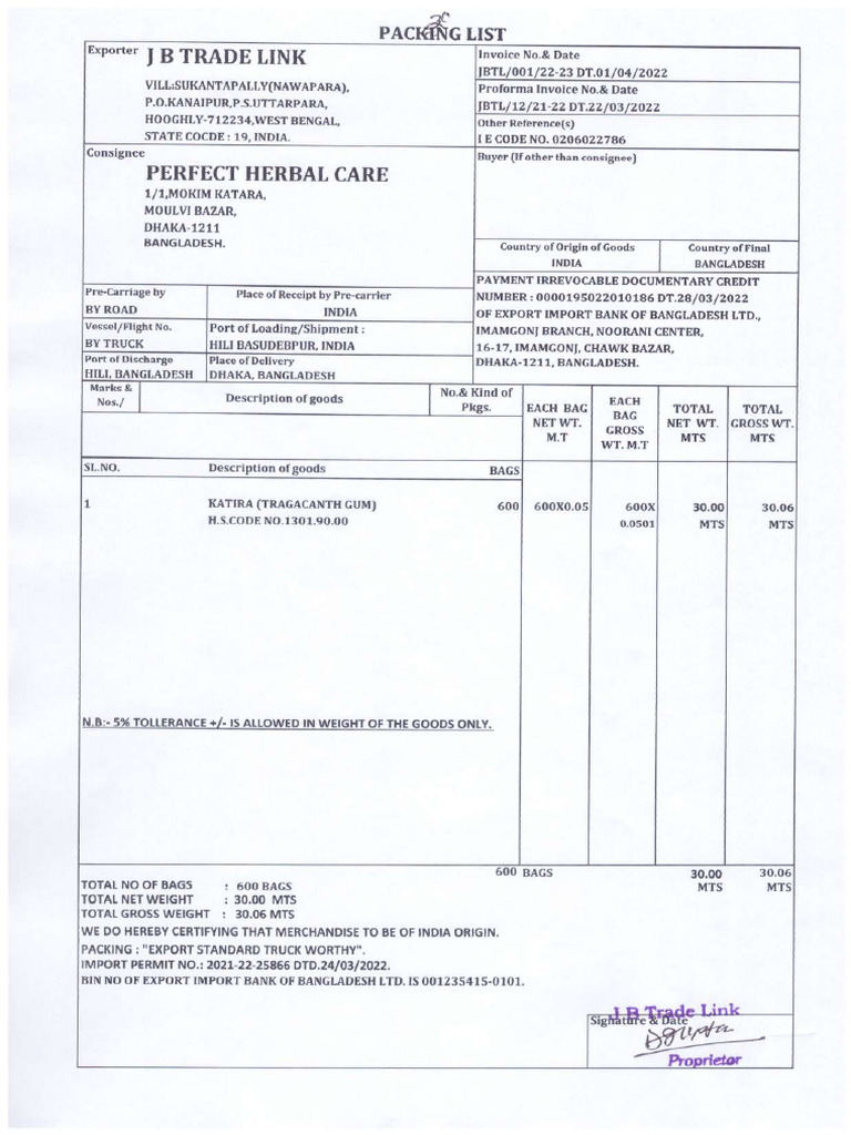 Jbtradelink-Packinglist | PDF