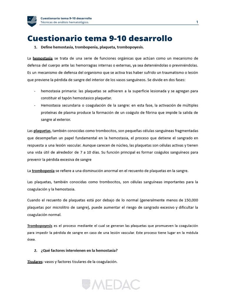 Cuestionario Tema 9-10 Desarrollo | PDF | Hemostasia | Plaqueta