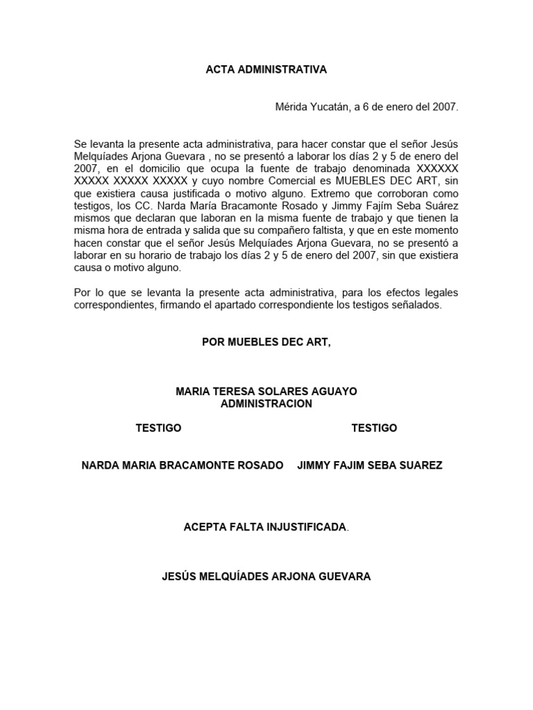 Acta Administrativa Por Faltas Injustificadas | PDF
